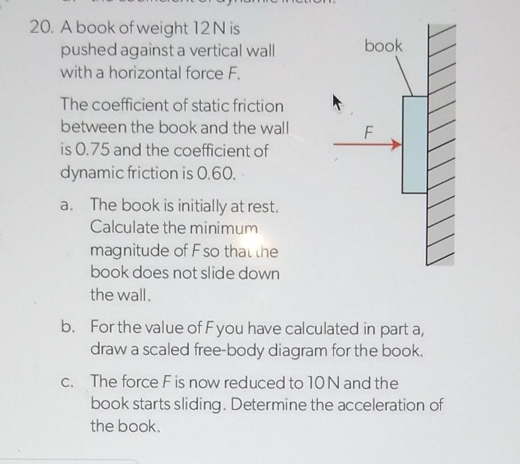 Solved 0. A book of weight 12 N is pushed against a vertical | Chegg.com