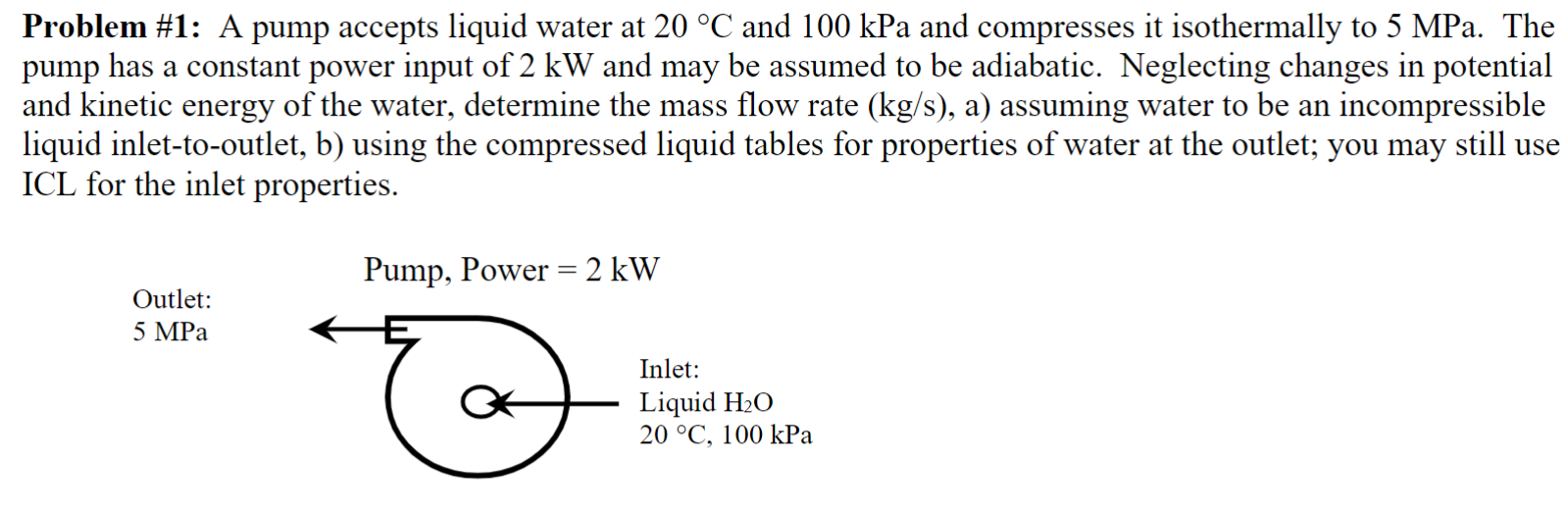 Solved Problem #1: A pump accepts liquid water at 20°C ﻿and | Chegg.com
