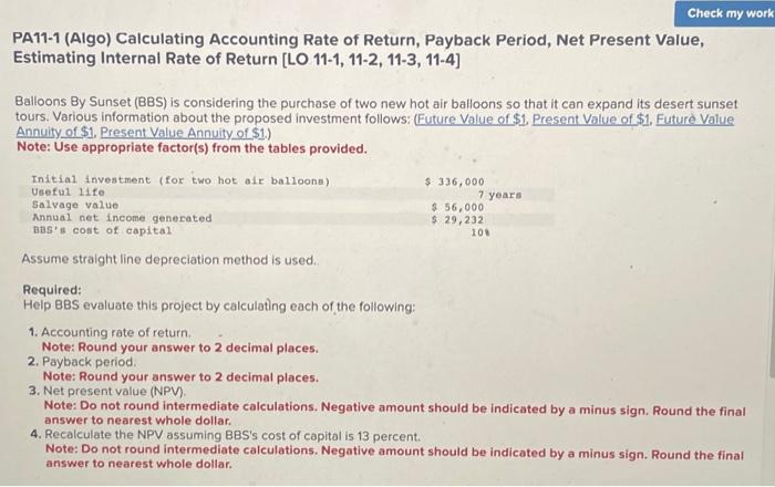 Solved PA11-1 (Algo) Calculating Accounting Rate of Return, | Chegg.com