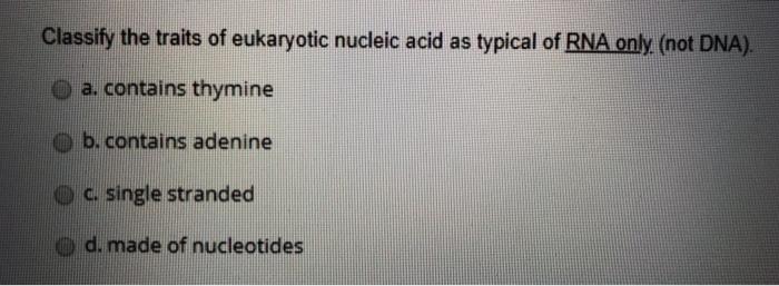 Solved Classify the traits of eukaryotic nucleic acid as | Chegg.com