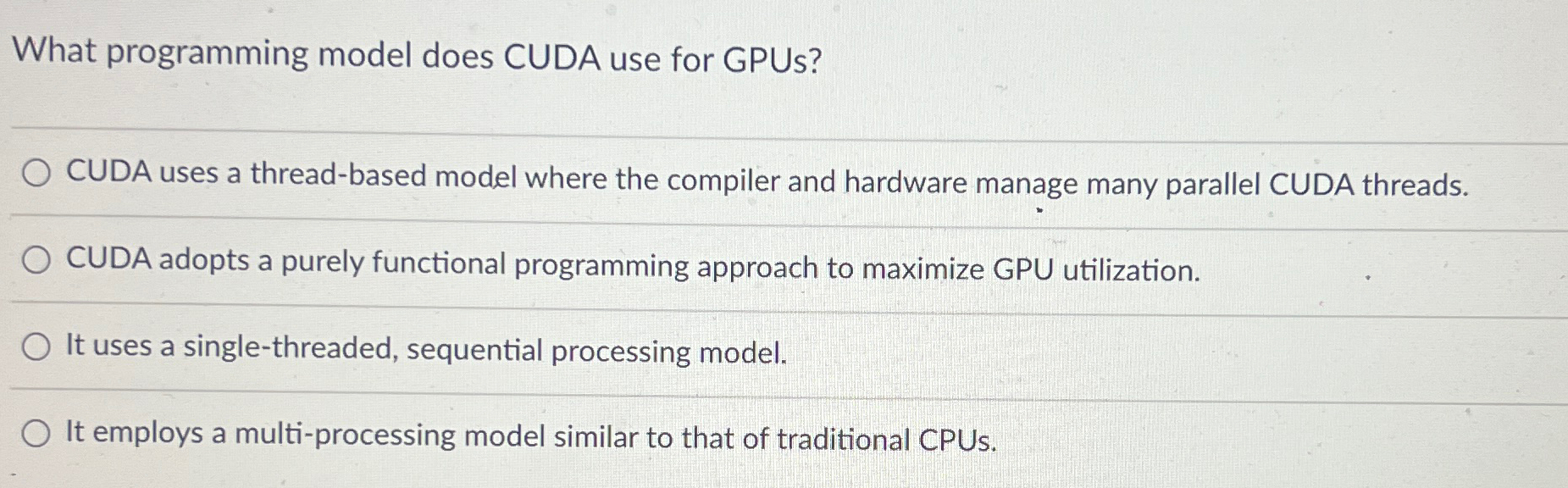 Solved What programming model does CUDA use for GPUs?CUDA | Chegg.com