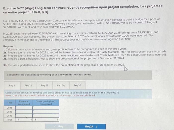 Solved Exercise 6-22 (Algo) Long-term contract; revenue | Chegg.com