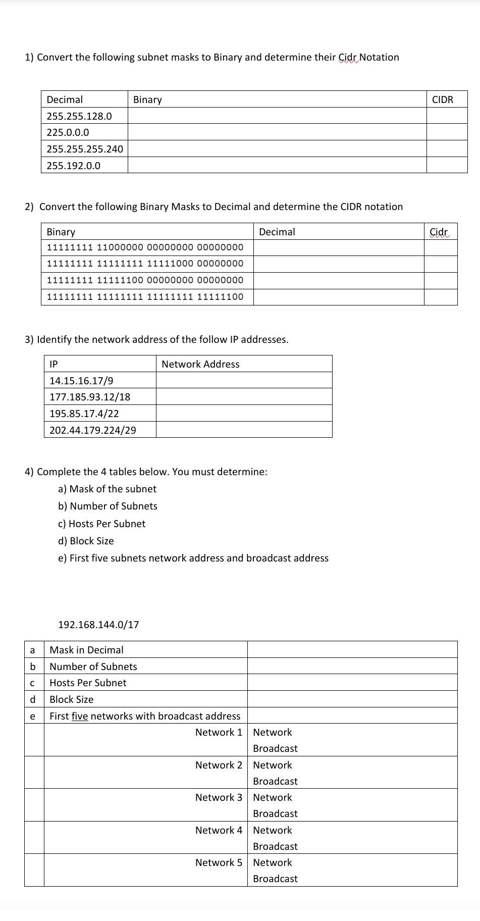 Solved Convert the following Binary Masks to Decimal and | Chegg.com