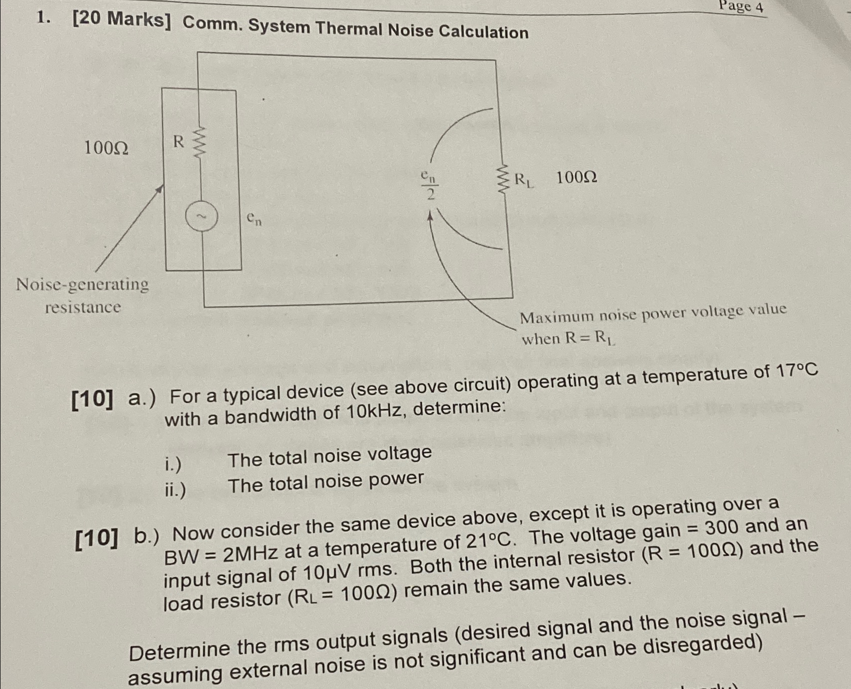 Solved [20 ﻿Marks] ﻿Comm. System Thermal Noise | Chegg.com