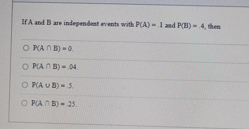 Solved If A and B are independent events with P(A) = .1 and | Chegg.com