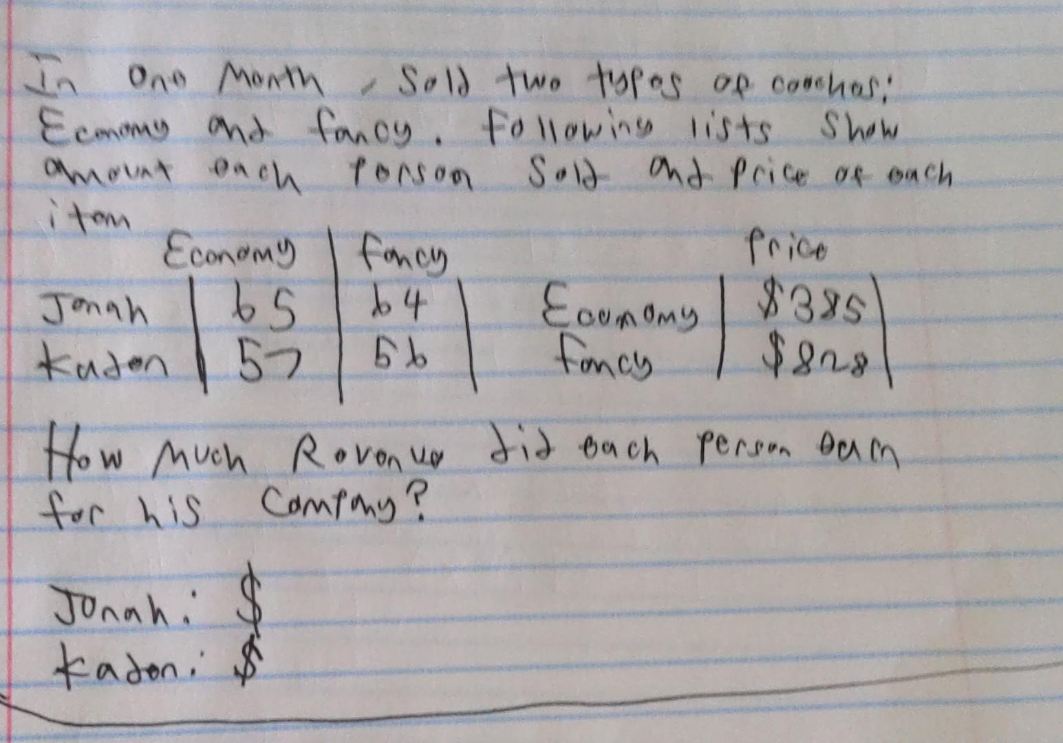 Solved In ono Month, sold two typos of coochos: Ecomomy and | Chegg.com