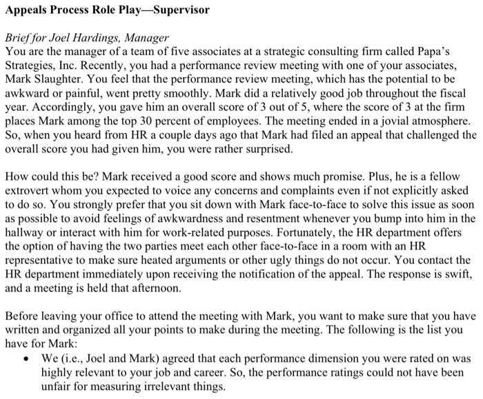 Appeals Process Role Play–Supervisor Brief for Joel | Chegg.com