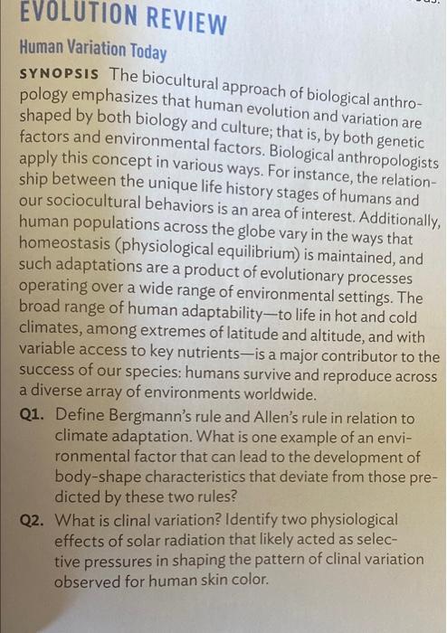 EVOLUTION REVIEW Human Variation Today SYNOPSIS The | Chegg.com