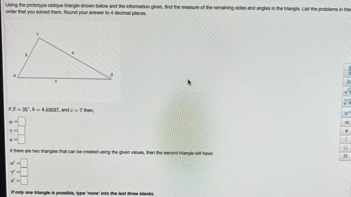 Solved Using the prototype oblique triangle shown below and | Chegg.com