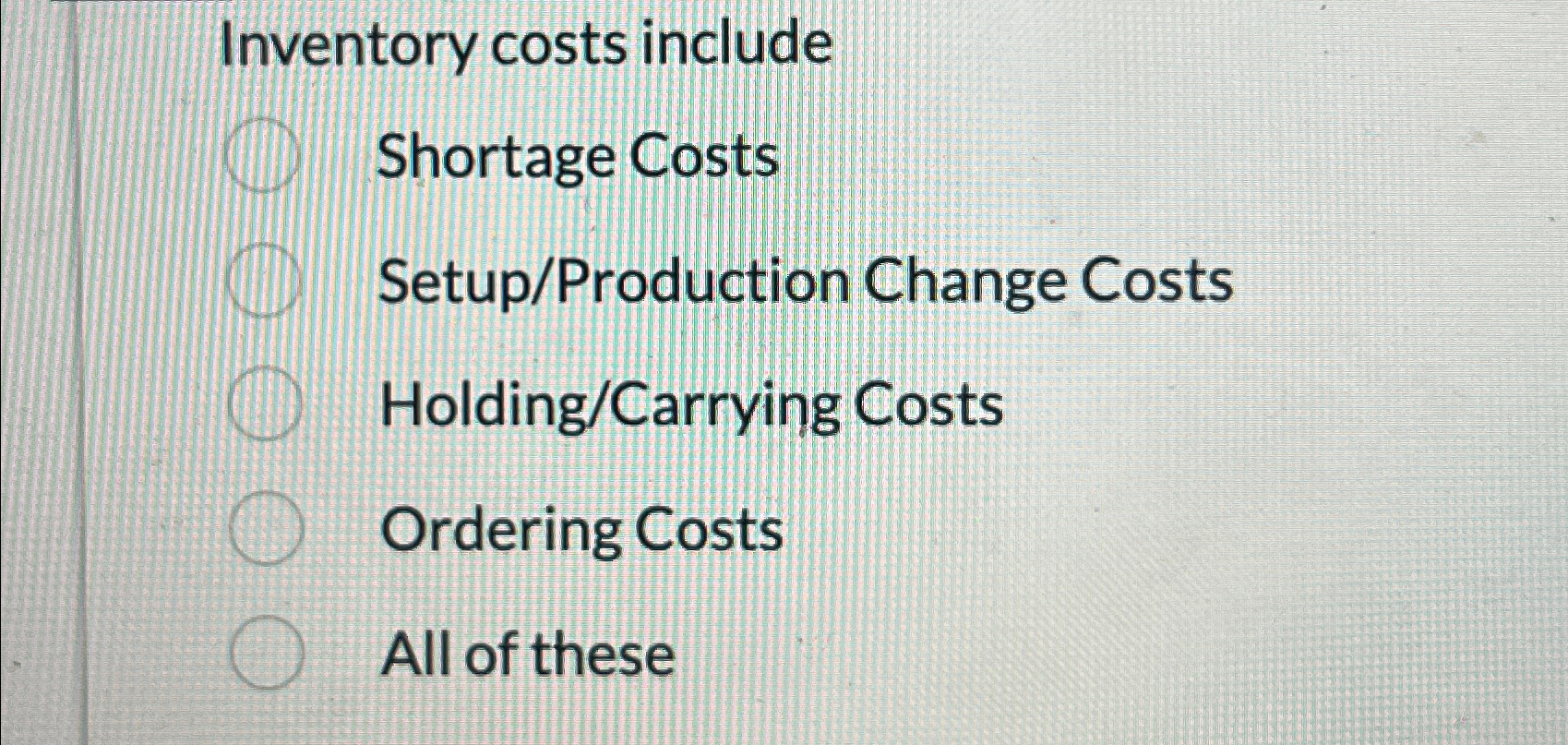 Solved Inventory costs includeShortage CostsSetup/Production | Chegg.com