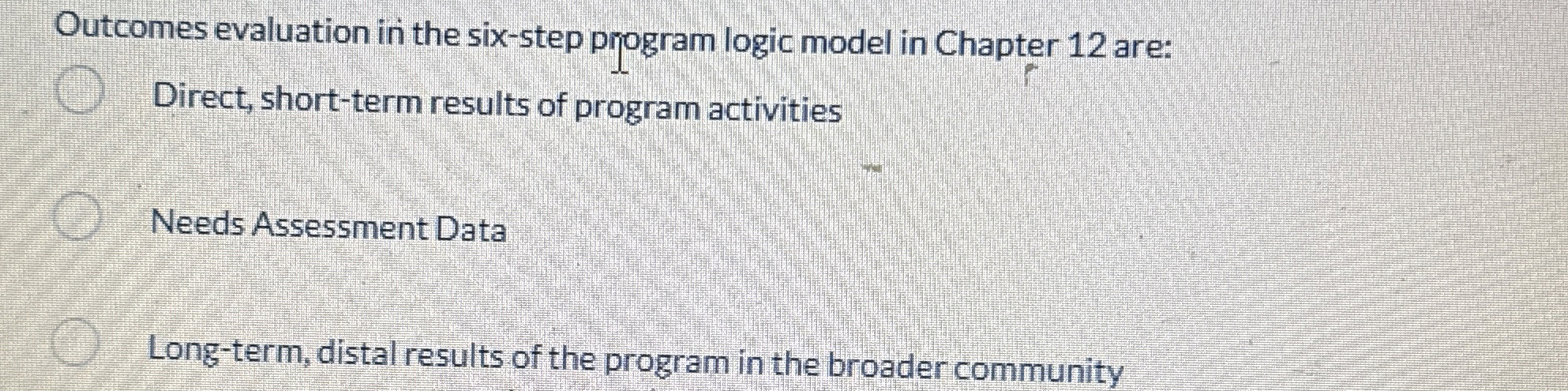 Solved Outcomes evaluation in the six-step program logic | Chegg.com