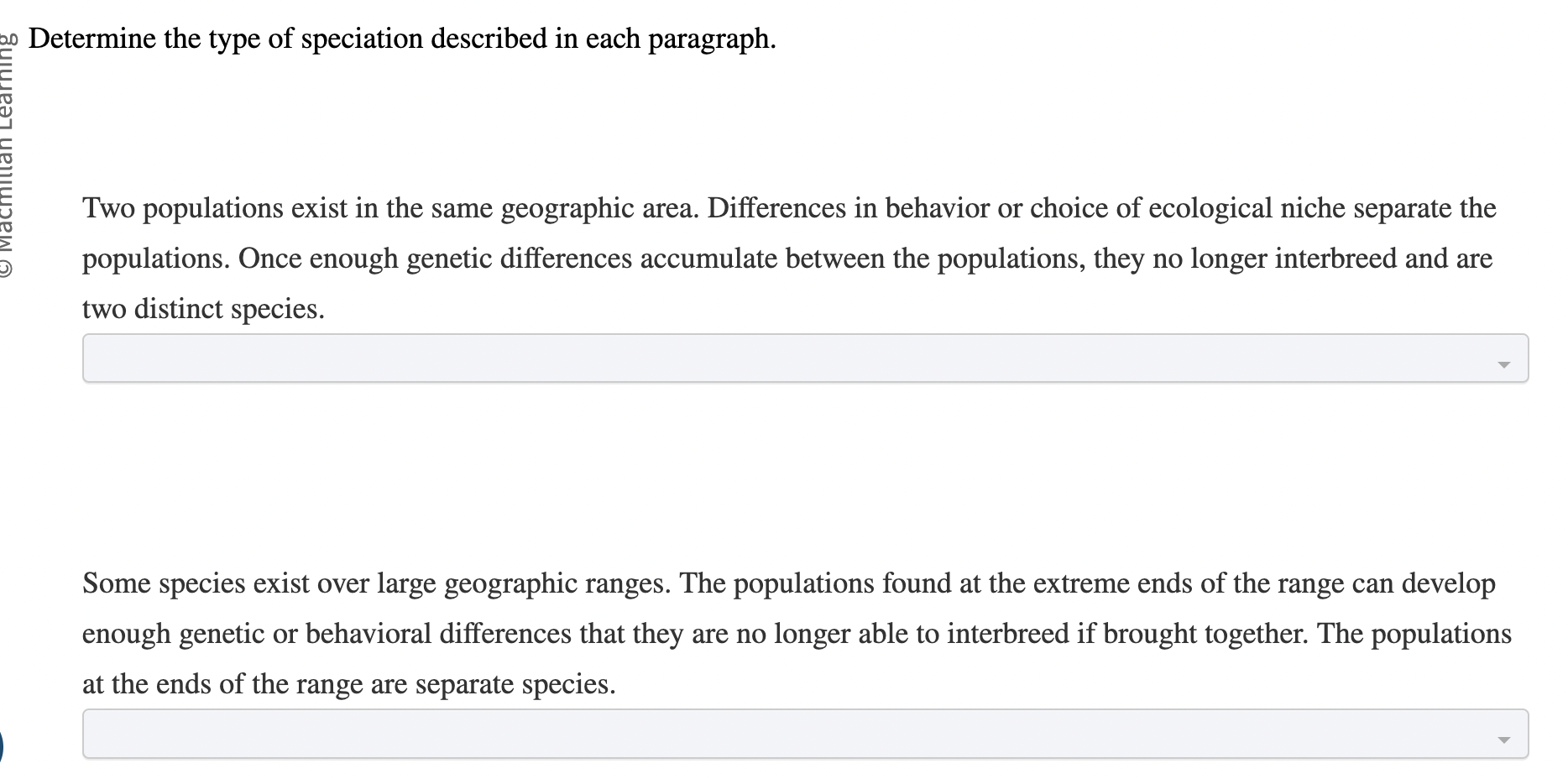 Solved Determine the type of speciation described in each | Chegg.com