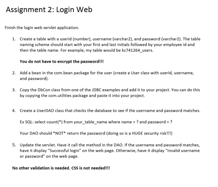 Solved Assignment 2: Login Web Finish the login web servlet | Chegg.com