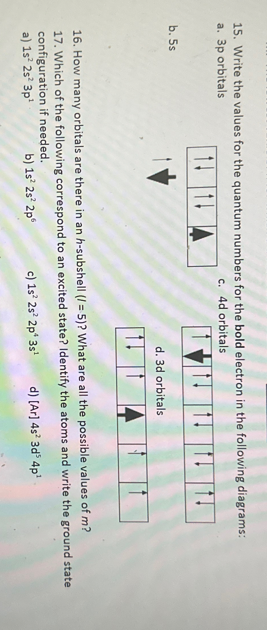 Solved Write the values for the quantum numbers for the bold | Chegg.com