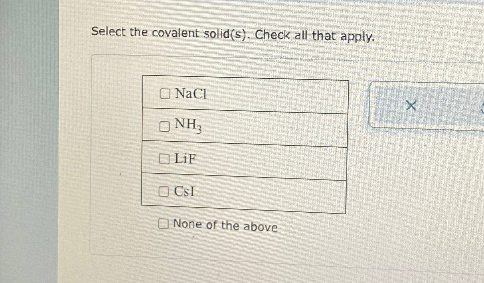 Solved Select the covalent solid(s). ﻿Check all that | Chegg.com