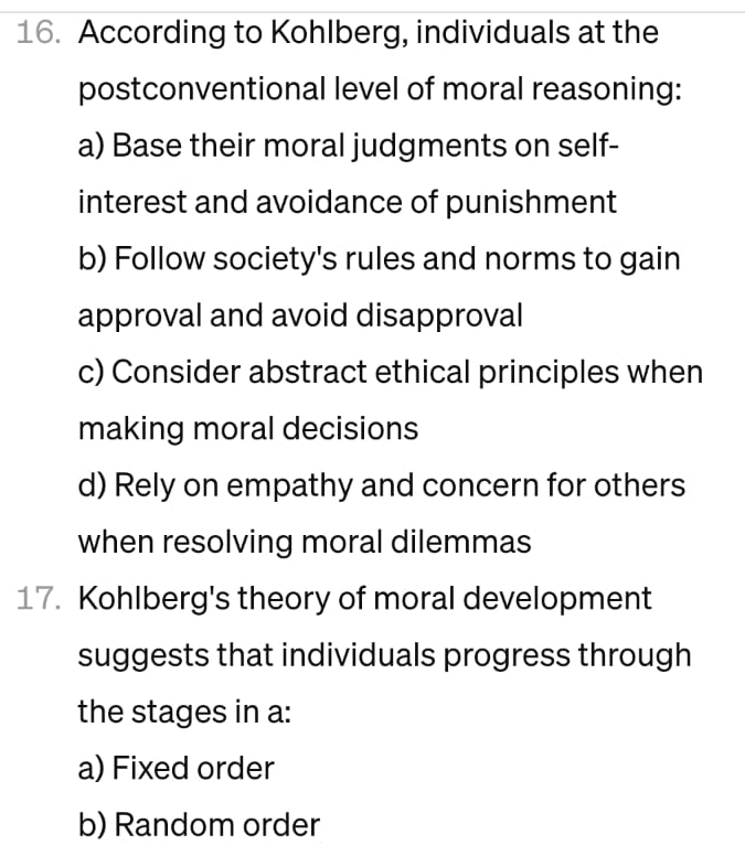Solved According to Kohlberg, individuals at the | Chegg.com