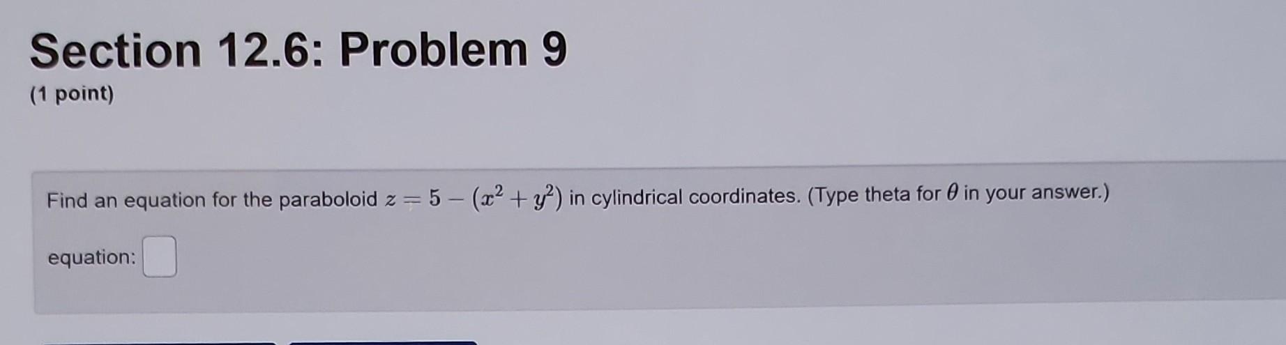Solved Section 12.6: Problem 9 (1 point) Find an equation | Chegg.com