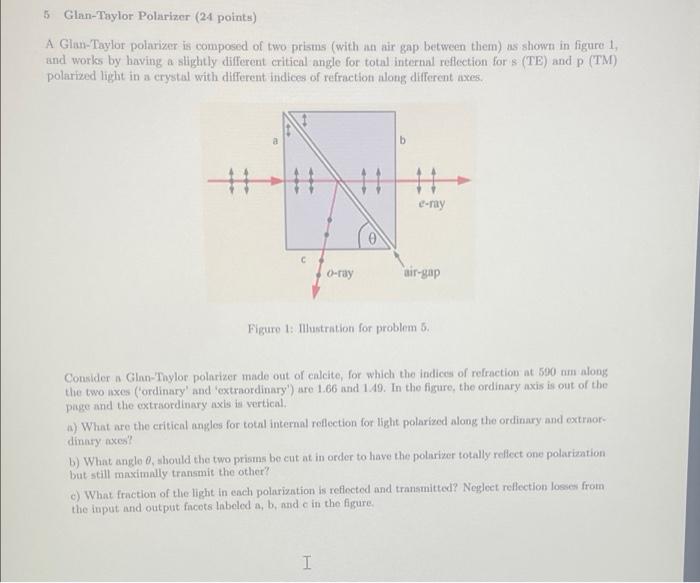 Solved 5 Glan-Taylor Polarizer (24 points) A Glan-Taylor | Chegg.com