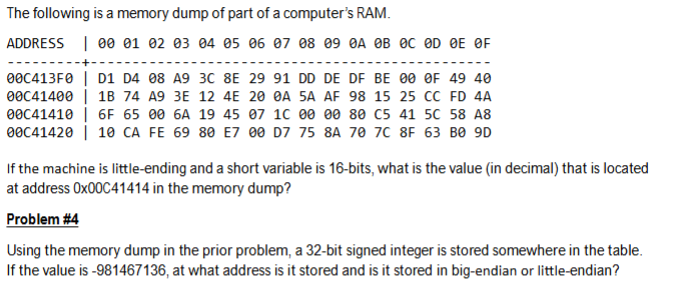 Solved The following is ﻿a memory dump of ﻿part of ﻿a | Chegg.com