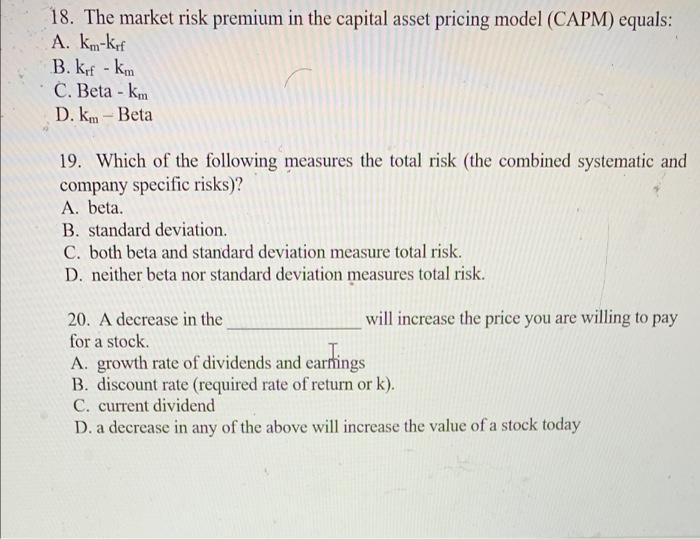 Solved 18. The market risk premium in the capital asset | Chegg.com