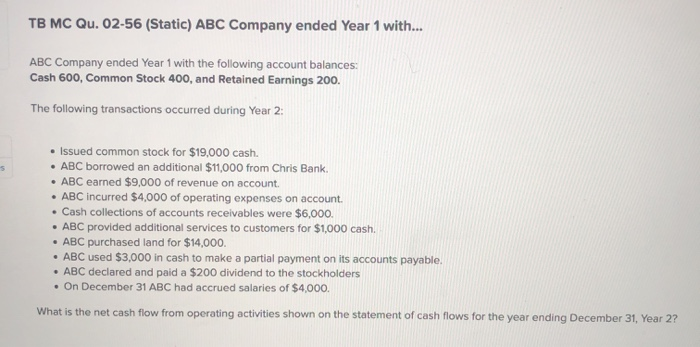 Solved TB MC Qu. 02-56 (Static) ABC Company ended Year 1 | Chegg.com Solved TB MC Qu. 02-56 (Static) ABC Company ended Year 1 | Chegg.com