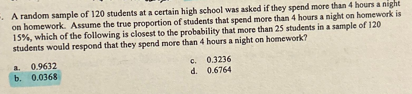 Solved A random sample of 120 ﻿students at a certain high | Chegg.com