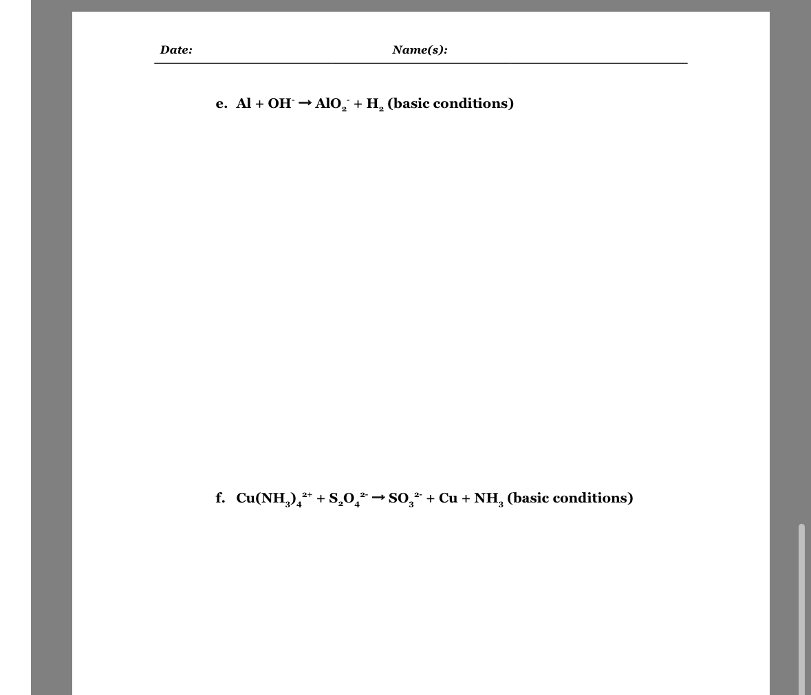 Solved Date:Name(s):e. Al+OH-→AlO2-+H2 (basic | Chegg.com