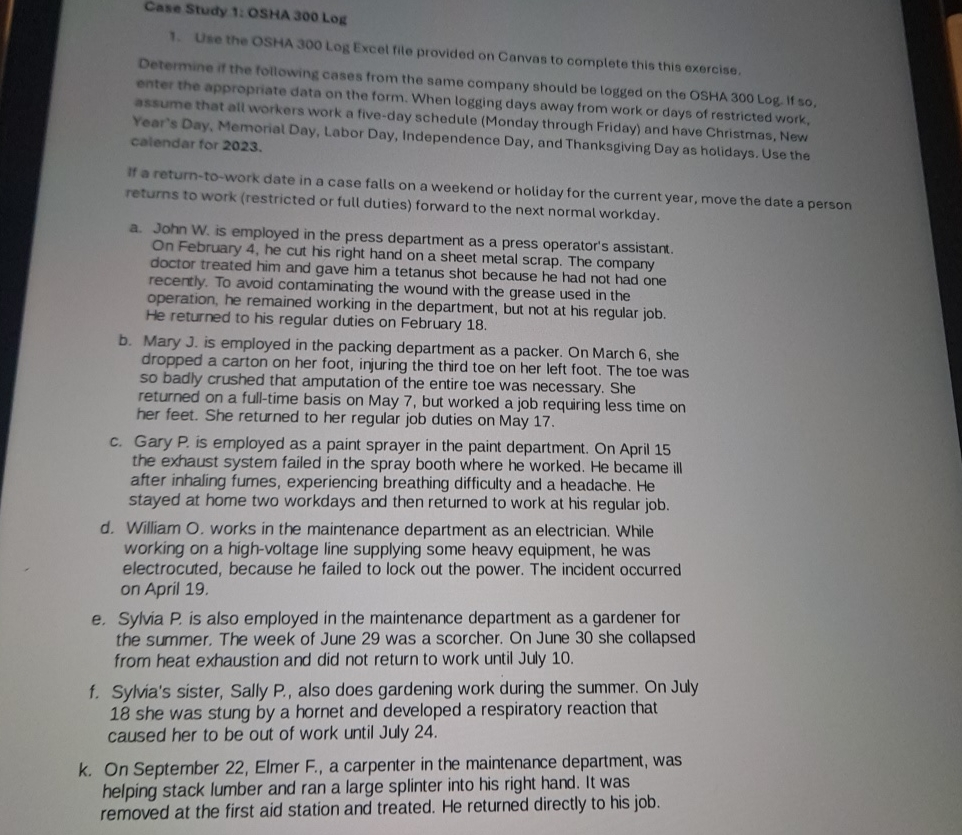 Solved Ca1e Study 1:OSHA 300 ﻿LogUse the OSHA 300 ﻿Log Excel | Chegg.com