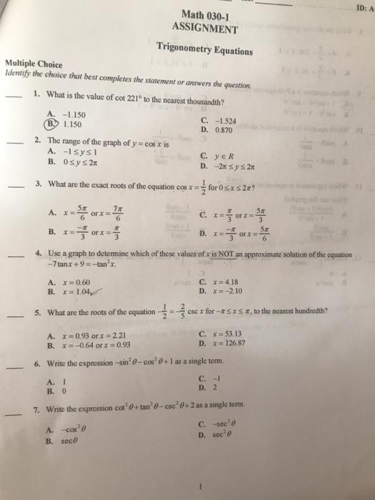 Solved ID: A Math 030-1 ASSIGNMENT Trigonometry Equations | Chegg.com