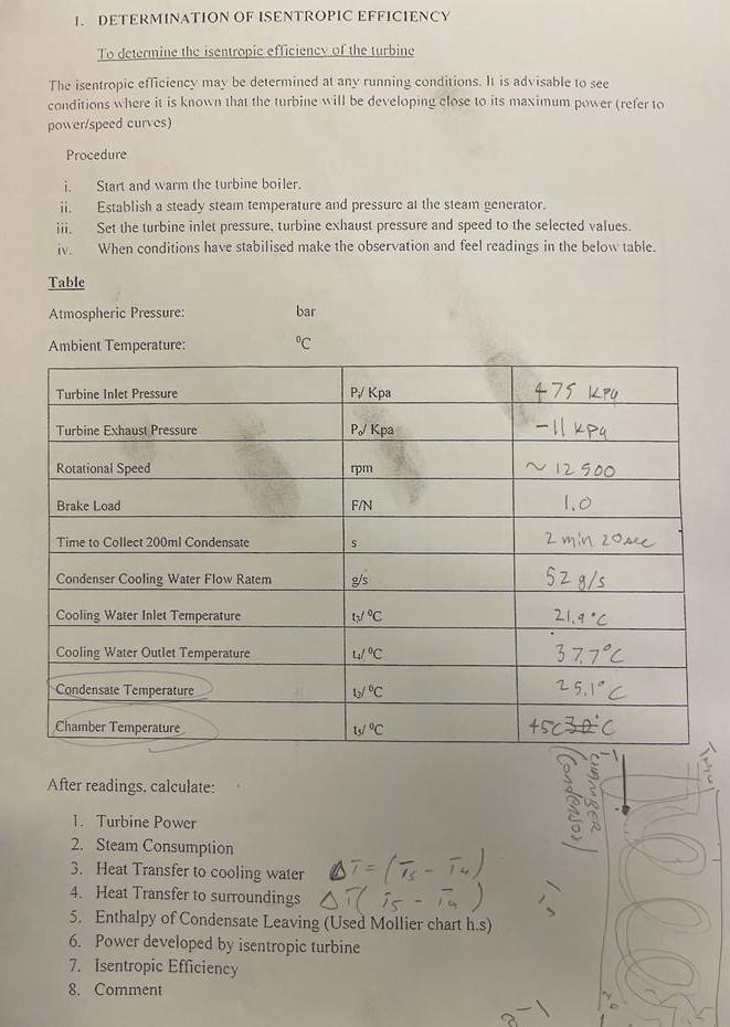 Solved 1. DETERMINATION OF ISENTROPIC EFFICIENCY Fo | Chegg.com