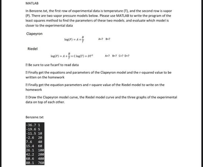 Solved MATLAB In Benzene.txt, the first row of experimental | Chegg.com