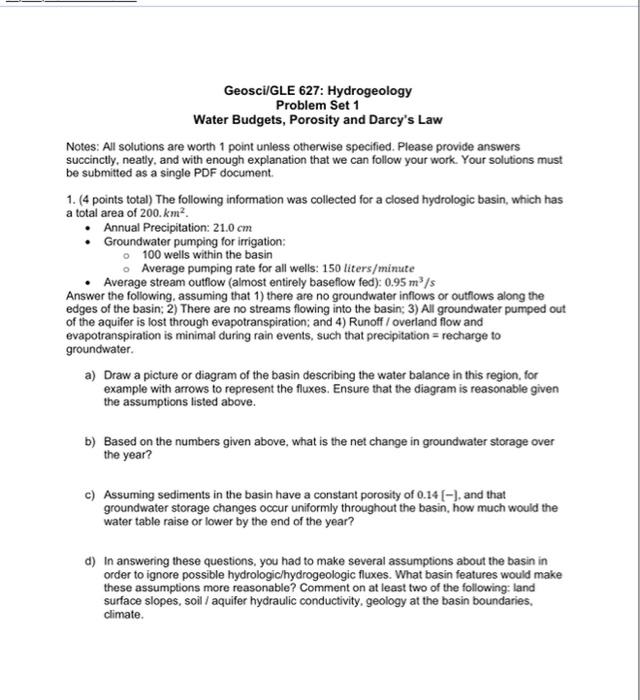 Geosci/GLE 627: Hydrogeology Problem Set 1 Water | Chegg.com