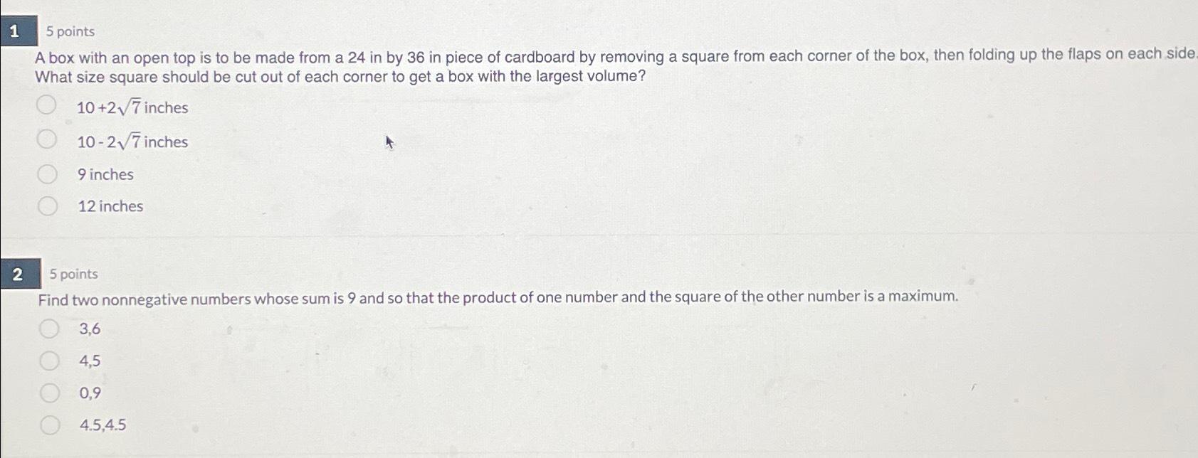 Solved 15 ﻿pointsA box with an open top is to be made from a | Chegg.com