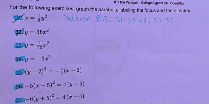 Solved 8.3 The Parabola - College Algebra 2e | OpenStax For | Chegg.com