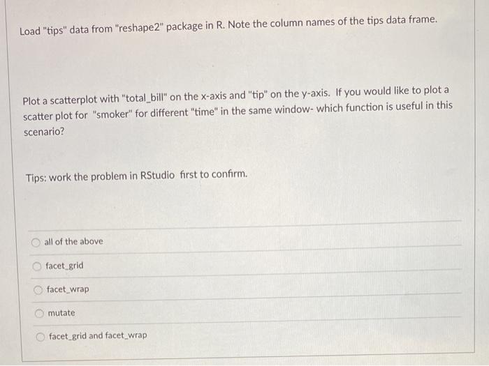 Solved Load "tips" data from "reshape2" package in R. Note | Chegg.com