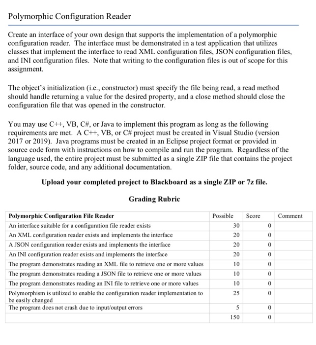 Polymorphic Configuration Reader Create an interface | Chegg.com