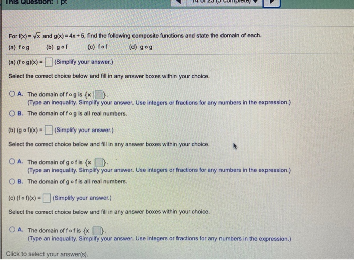 Solved Quesuon pt For f(x) = (x and g(x) = 4x + 5, find the | Chegg.com Solved Quesuon pt For f(x) = (x and g(x) = 4x + 5, find the | Chegg.com
