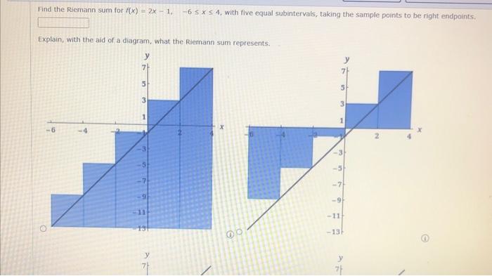 Solved Find the Riemann sum for f(x)=2x−1,−6≤x≤4, with five | Chegg.com