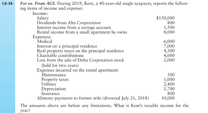 Solved 1:6-34 For vs. From AGI. During 2019, Kent, a | Chegg.com