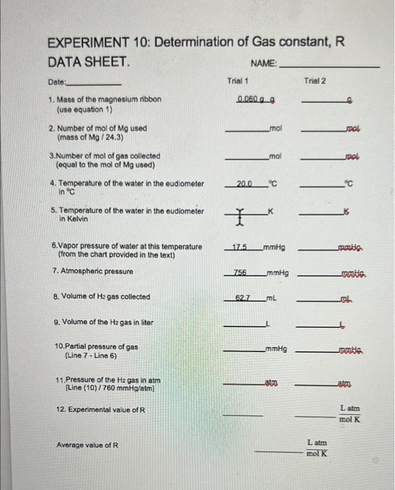 Solved EXPERIMENT 10: Determination of Gas constant, R DATA | Chegg.com