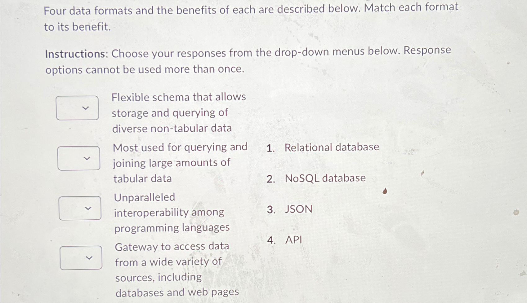 Solved Four data formats and the benefits of each are | Chegg.com