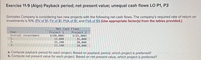Solved Exercise 11-9 (Algo) Payback period; net present | Chegg.com