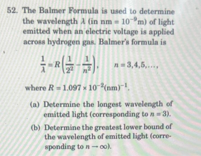 Solved 52. The Balmer Formula is used to determine the | Chegg.com