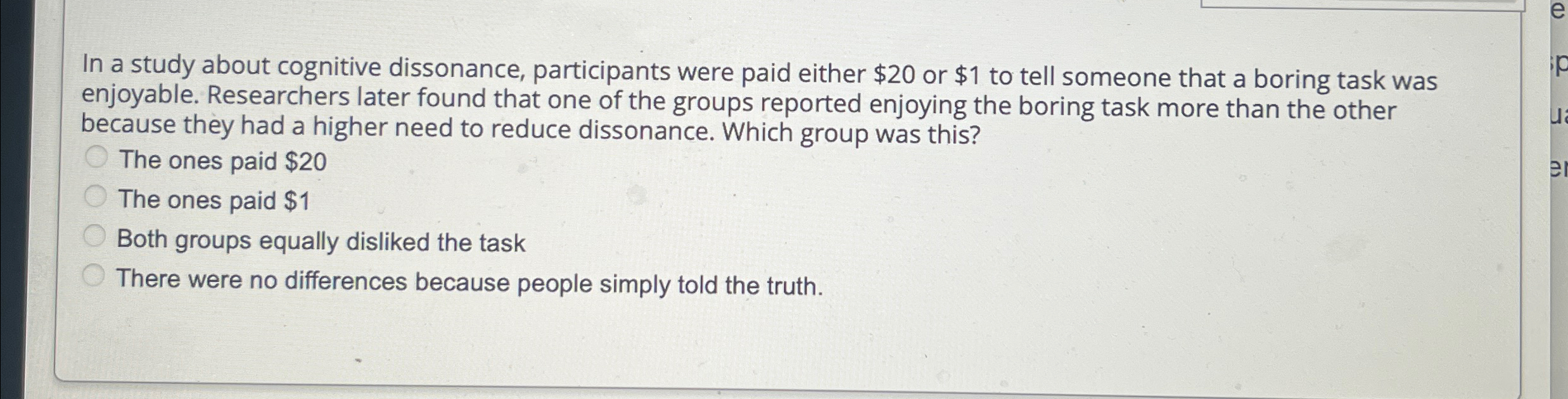 Solved In a study about cognitive dissonance, participants | Chegg.com