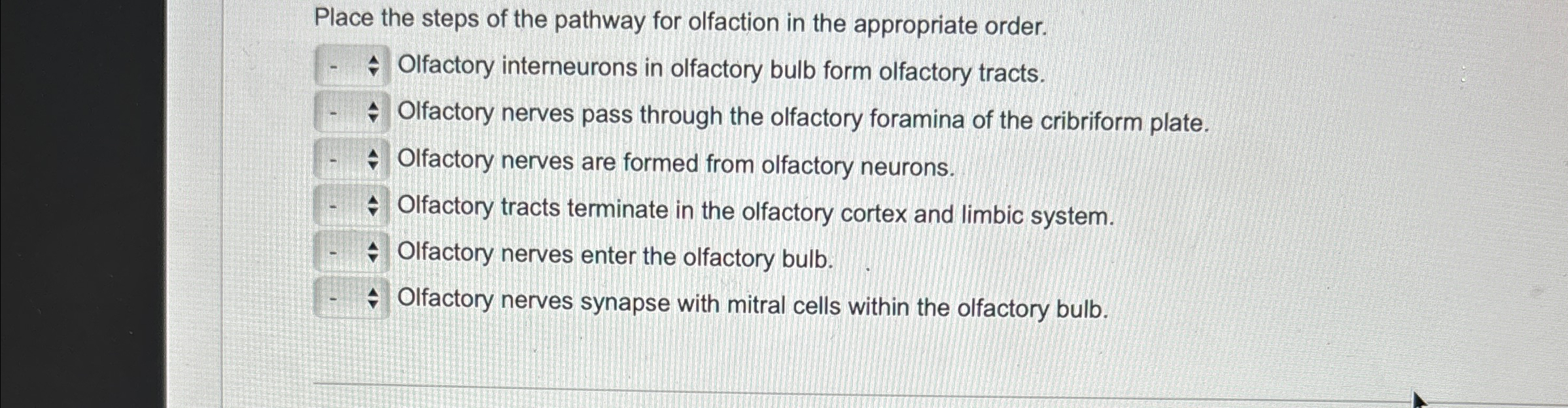 Solved Place the steps of the pathway for olfaction in the | Chegg.com