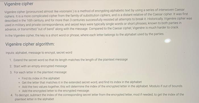 Solved Vigenère cipher Vigenère cipher (pronounced almost | Chegg.com