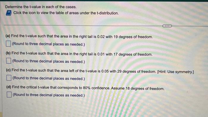 Solved Determine the t-value in each of the cases. Click the | Chegg.com