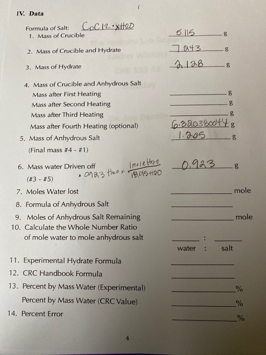Solved IV. Data CoC 12.XH2O Formula of Salt: 1. Mass of | Chegg.com