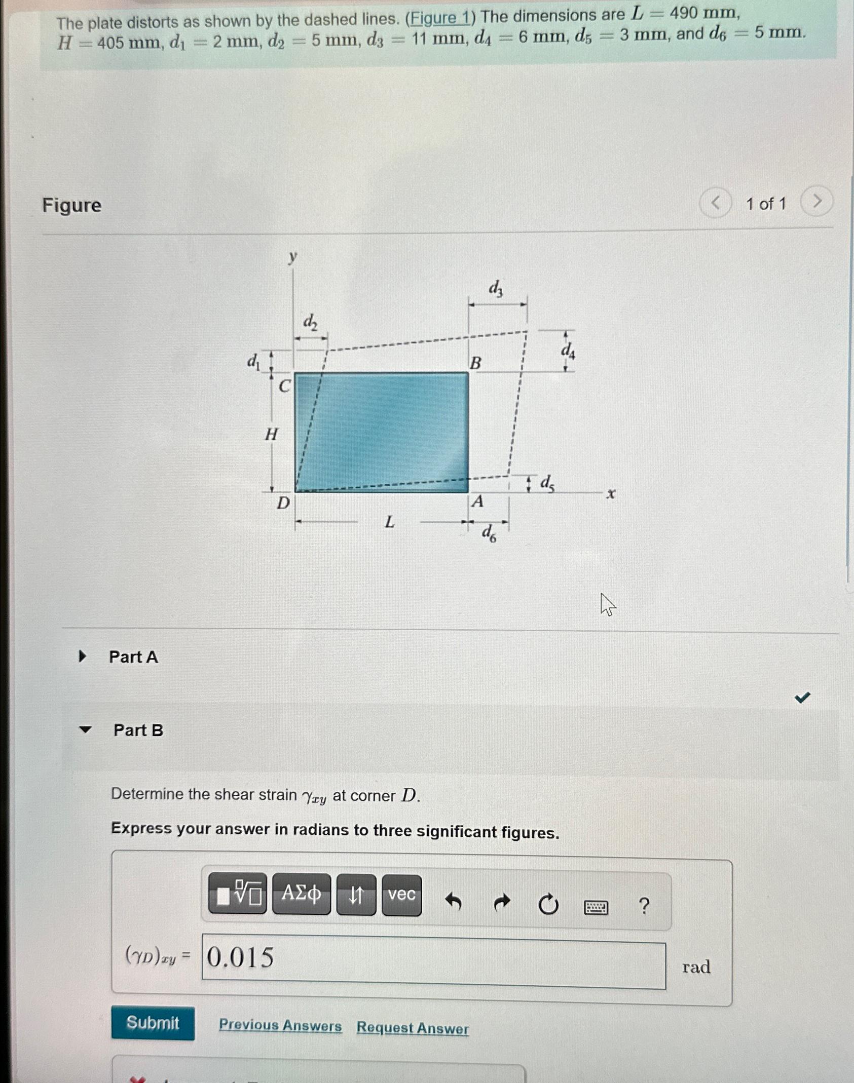 Solved The plate distorts as shown by the dashed lines. | Chegg.com