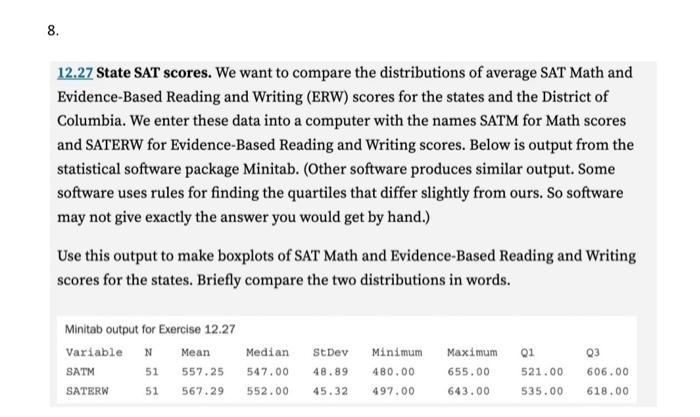 Solved 12.27 State SAT scores. We want to compare the | Chegg.com